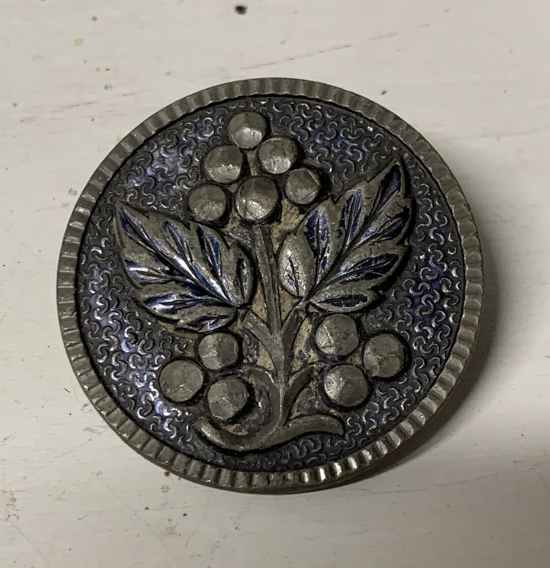 Vintage Silver Metal Steel-cut Button, Berries and Leaves, Approx. 1 1/ ...