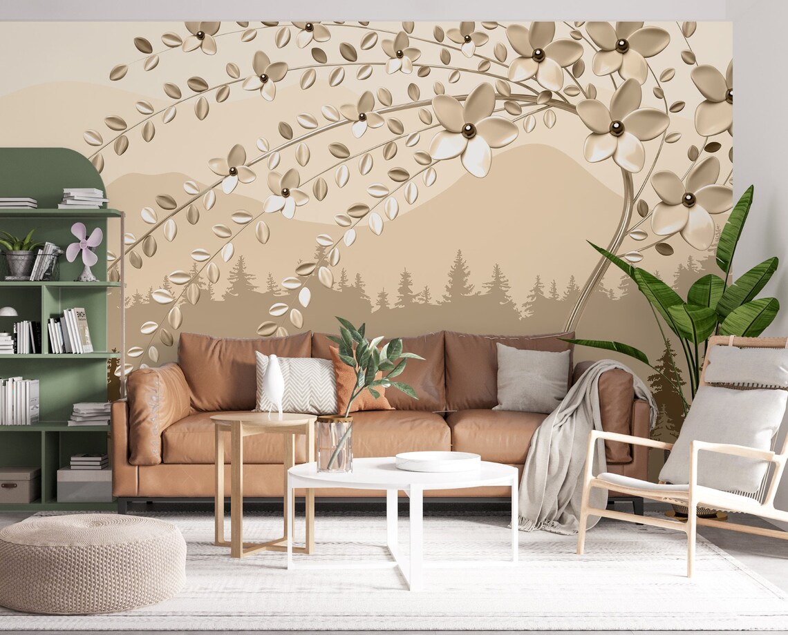 Custom Wallpaper 3D Embossed Flowers Tree Wallpaper Wall Mural - Etsy