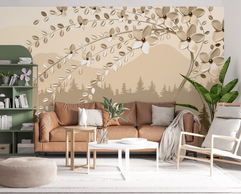 Custom Wallpaper 3D Embossed Flowers Tree Wallpaper Wall Mural - Etsy