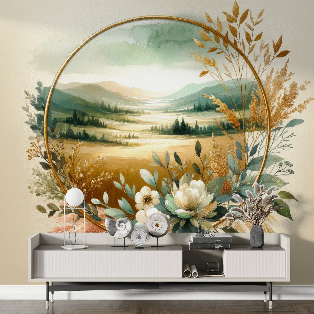 Harvest Valley Circle Frame Wall Mural Botanical and Landscape Fusion ...