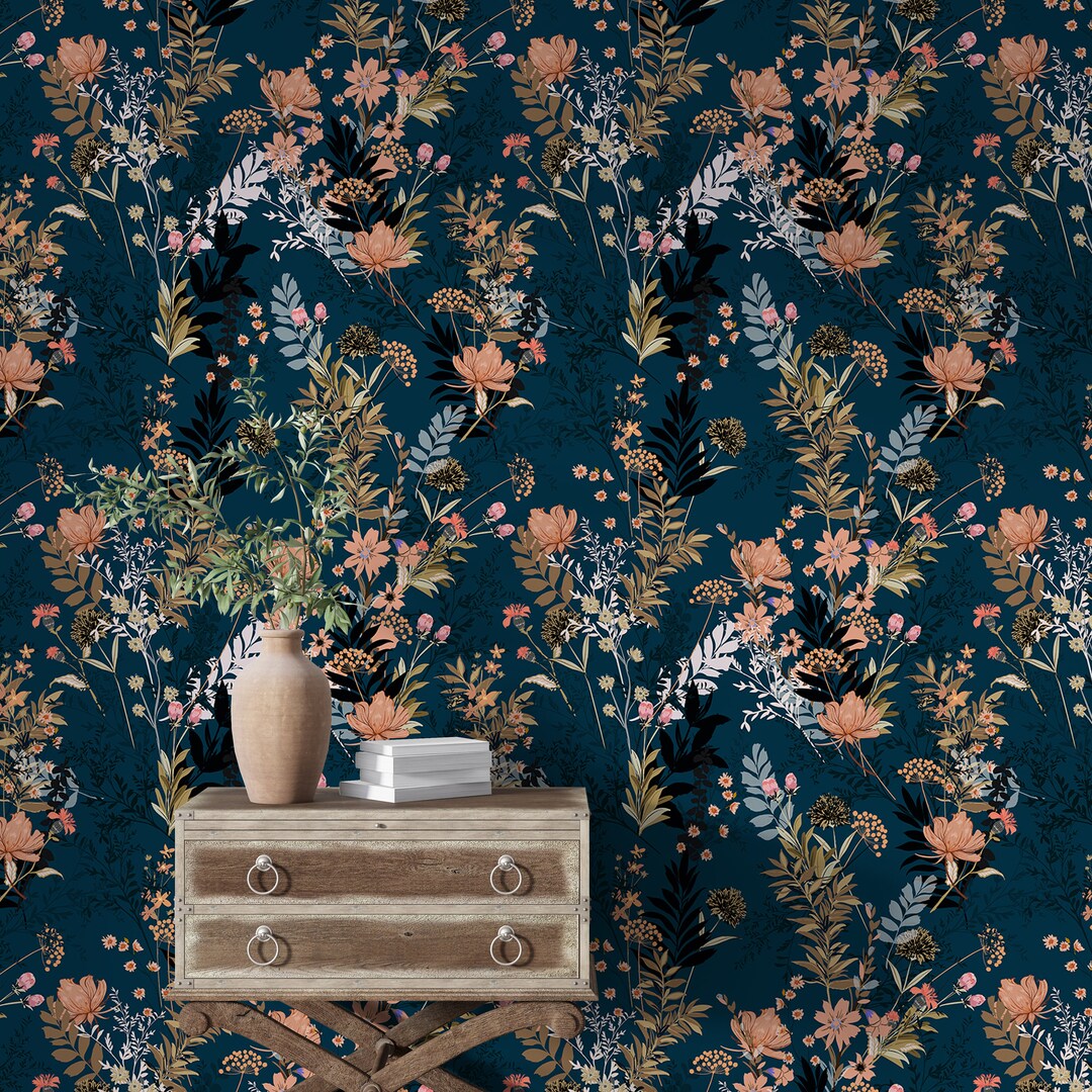 Midnight Botanical Bliss Wallpaper Peel and Stick Wall Mural - Etsy