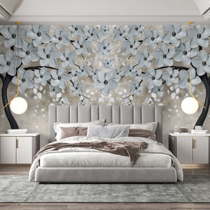 Custom Wallpaper 3D Embossed White Flowers Tree Wallpaper Wall Mural ...