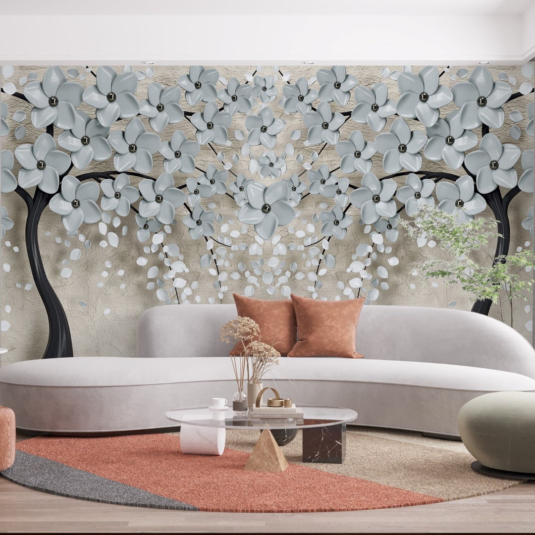 Custom Wallpaper 3D Embossed White Flowers Tree Wallpaper Wall Mural ...