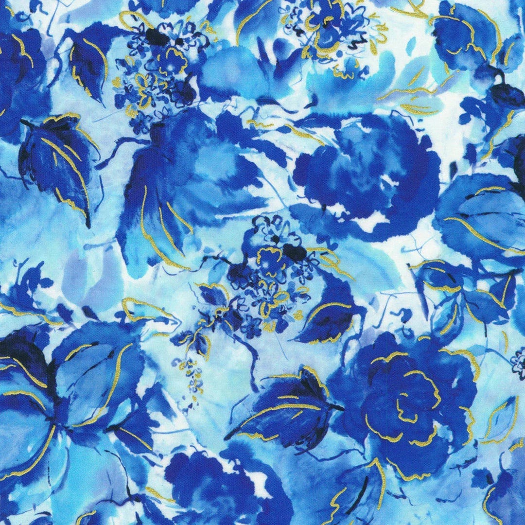 Cobalt Bliss Metallic Large Floral in Sky - Priced/sold by the Half ...