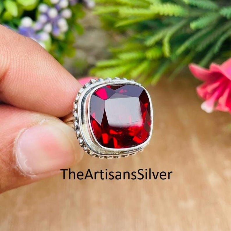 Natural Red Garnet Gemstone Ring | Sterling Silver Handmade Statement ...