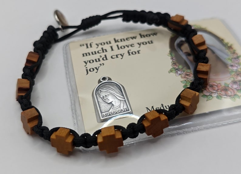 Decade Rosary Bracelet, Black Paracord, Olive Wood Cross, Handmade ...
