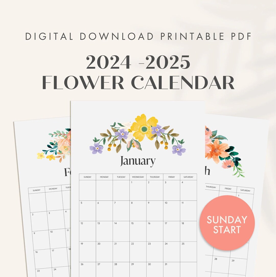 Mid-year Flower Printable Wall Calendar 2024-2025, August 2024 – July ...