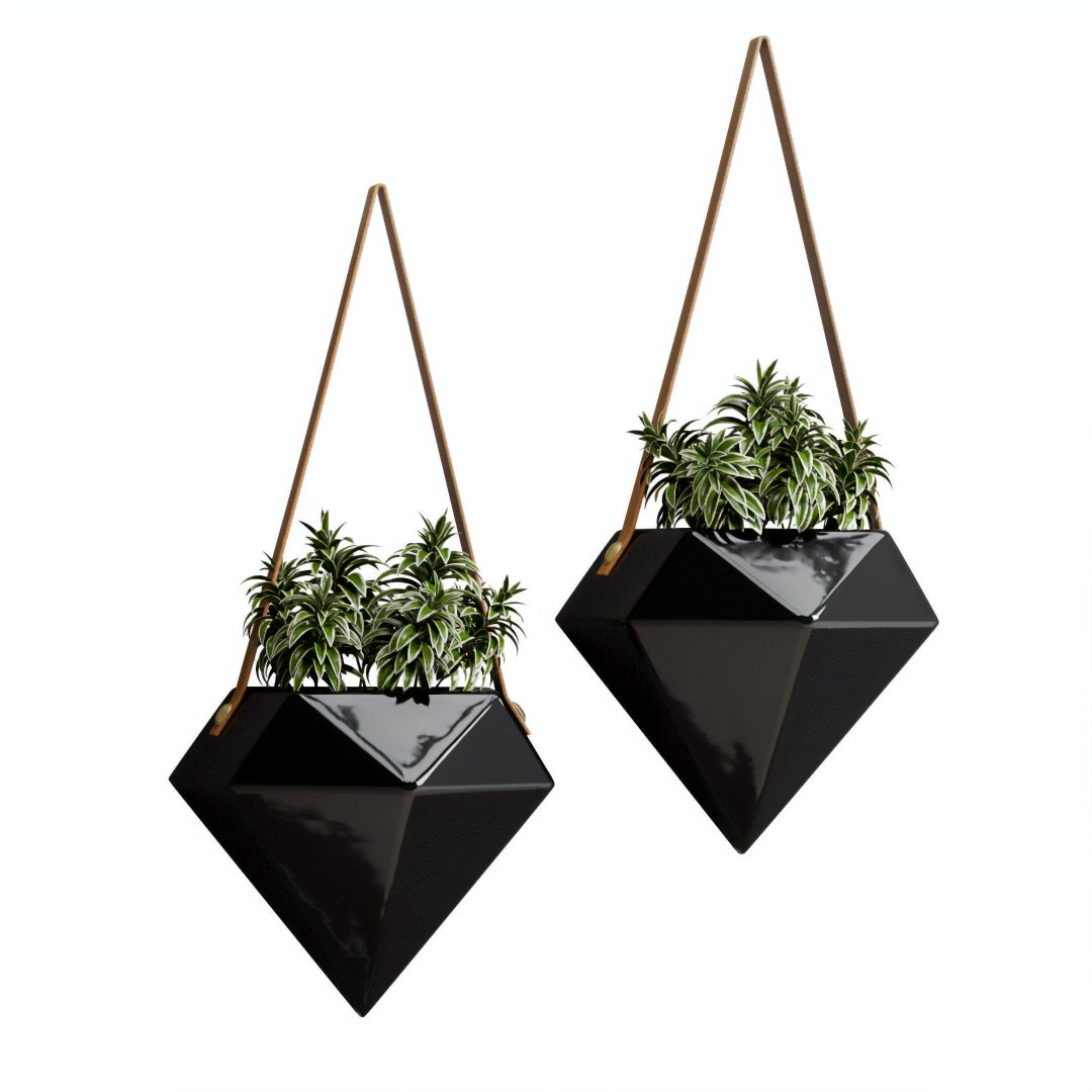Priene HOME | Geometric Ceramic Hanging Planter | Set of 2 (black ...