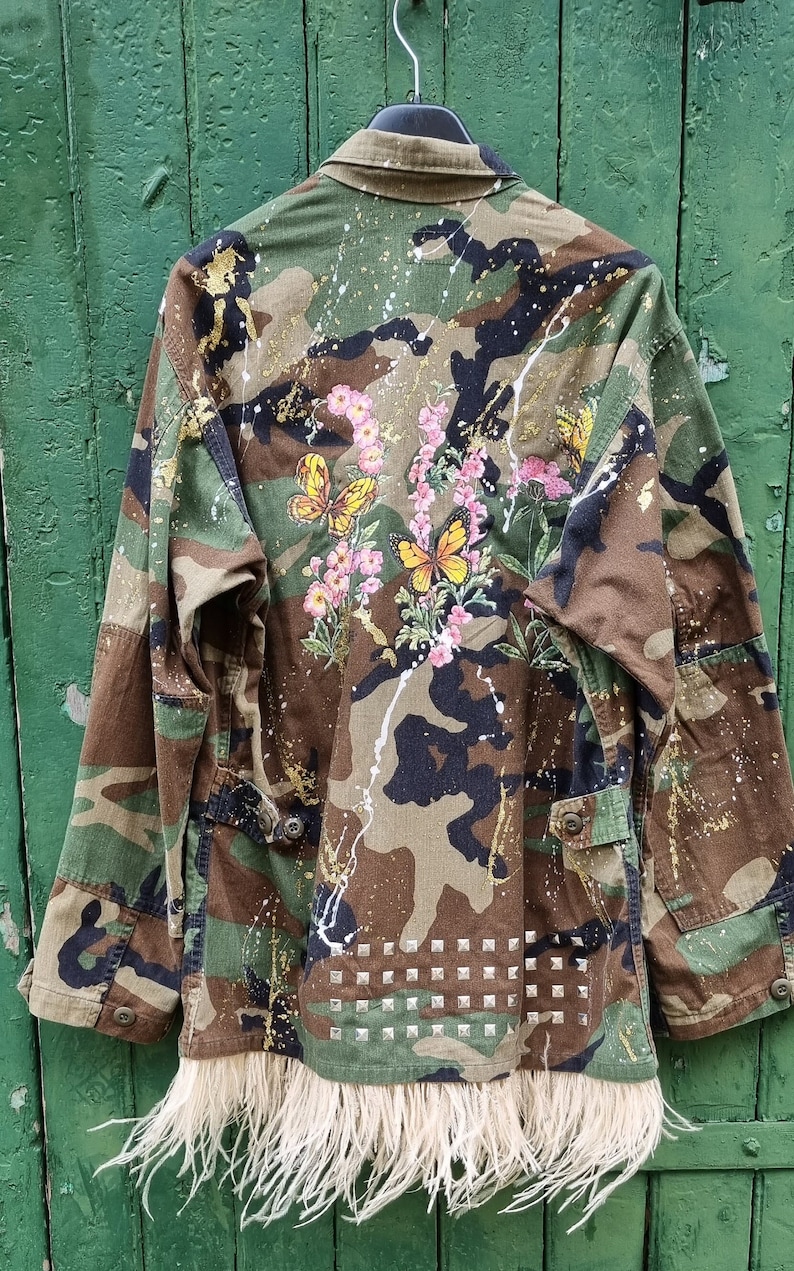 Upcycled Camo Jacket With Ostrich Feathers, Military Jacket, Camo ...