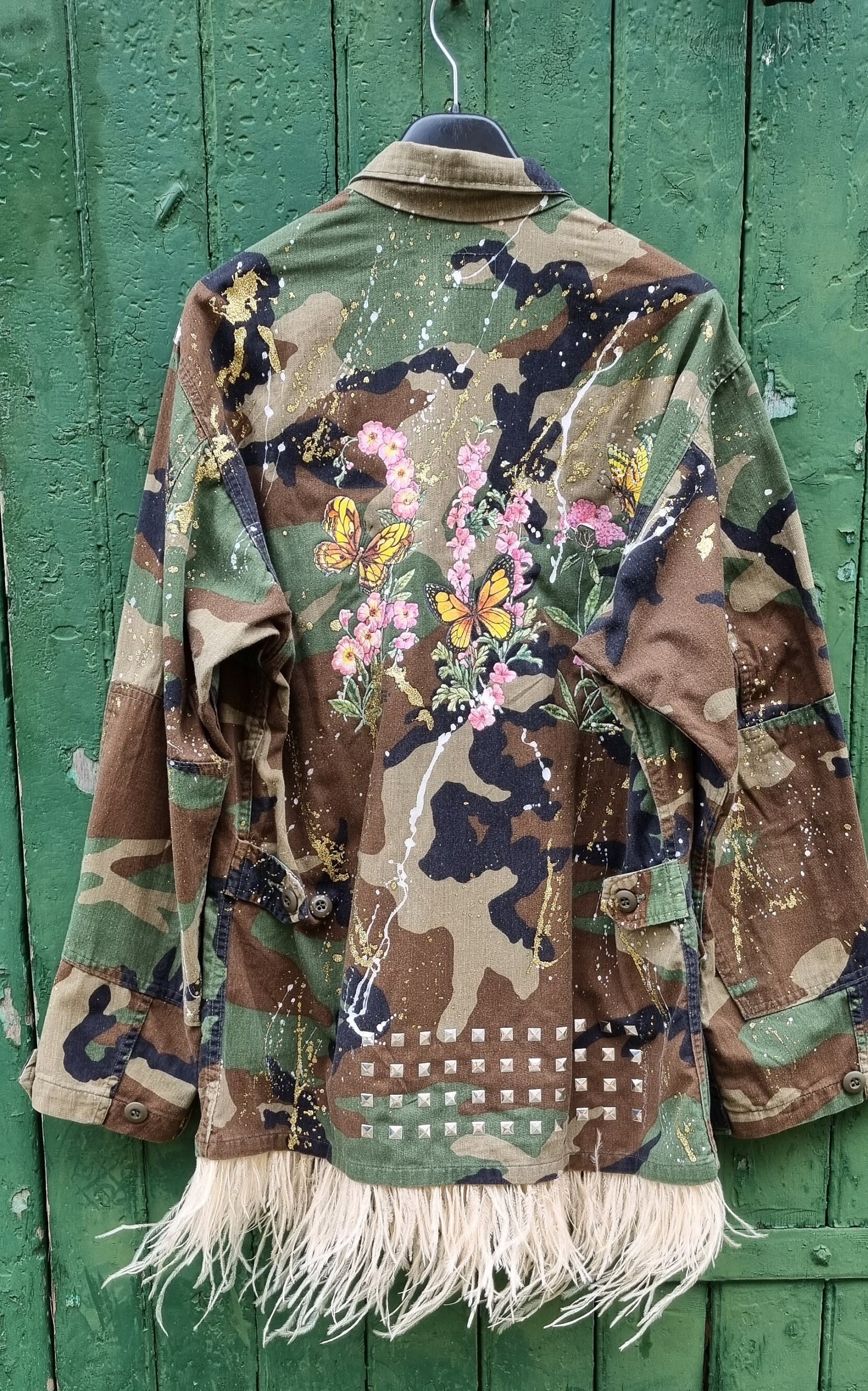 Upcycled Camo Jacket With Ostrich Feathers, Military Jacket, Camo ...