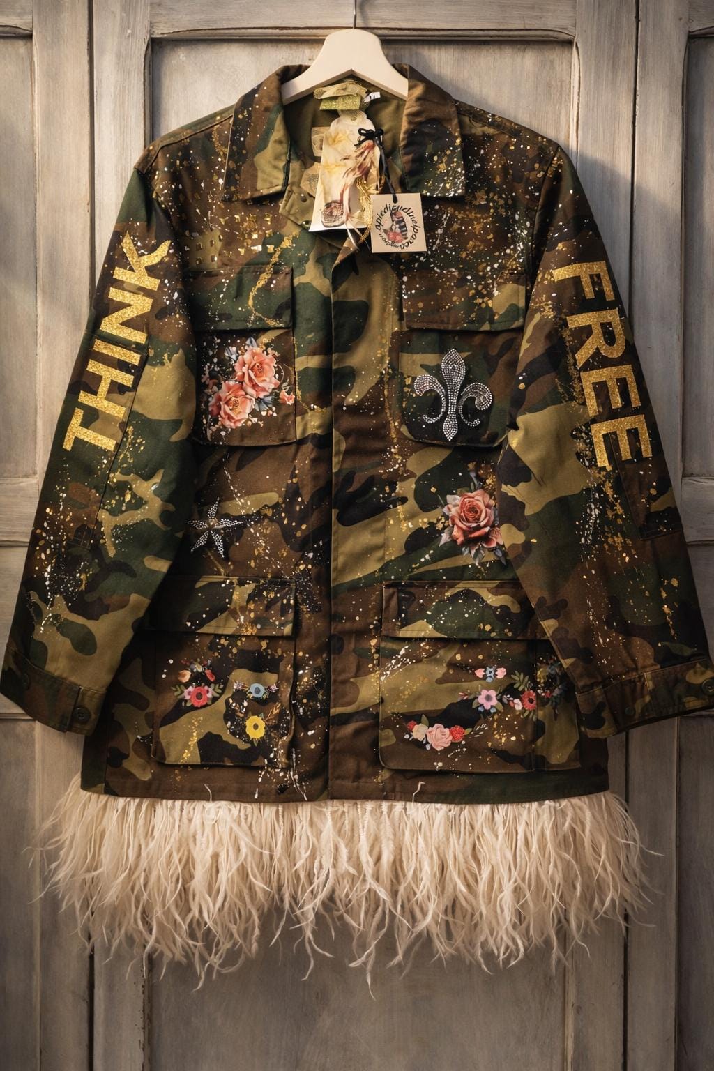 Upcycled Camo Jacket With Ostrich Feathers, Military Jacket, Camo ...