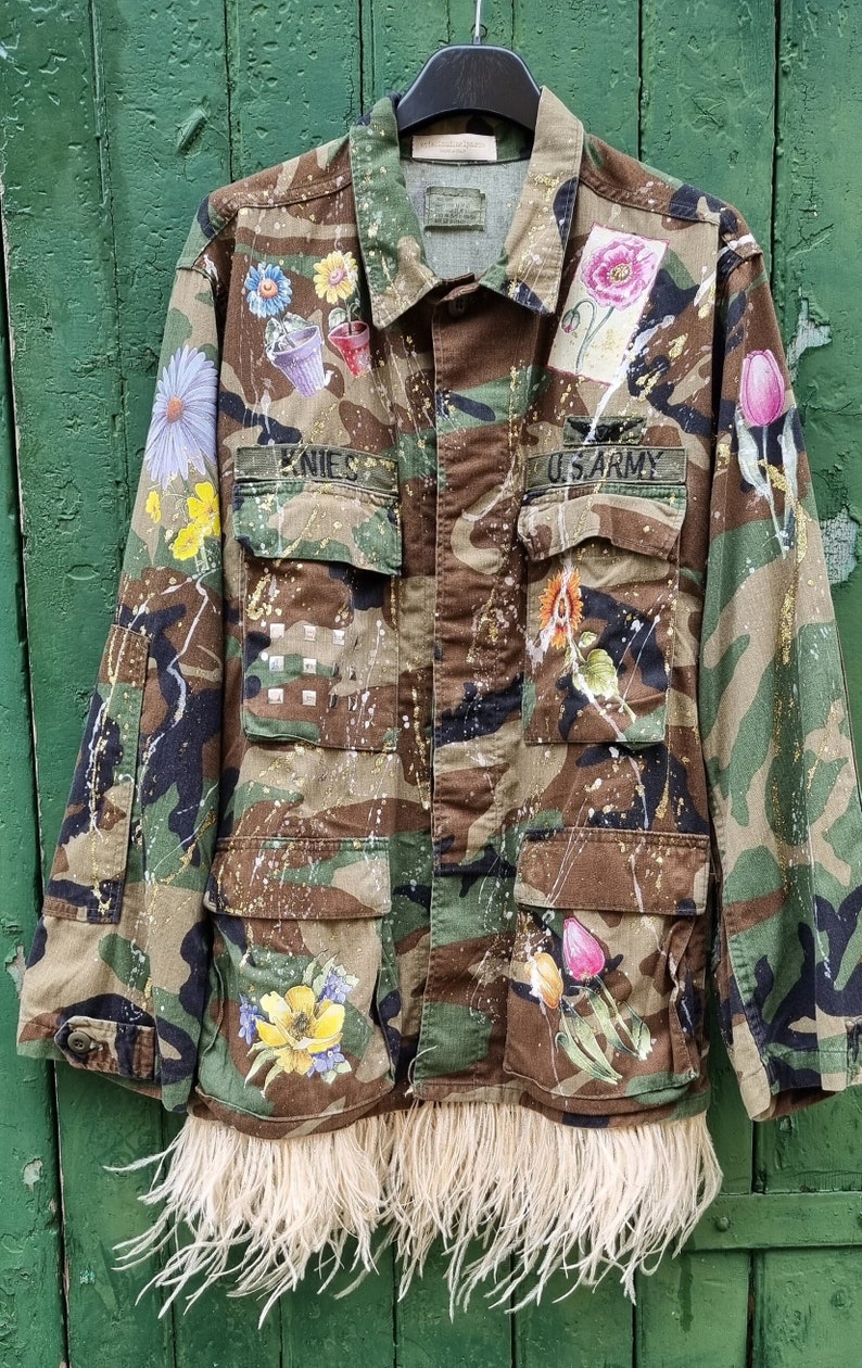 Upcycled Camo Jacket With Ostrich Feathers, Military Jacket, Camo ...