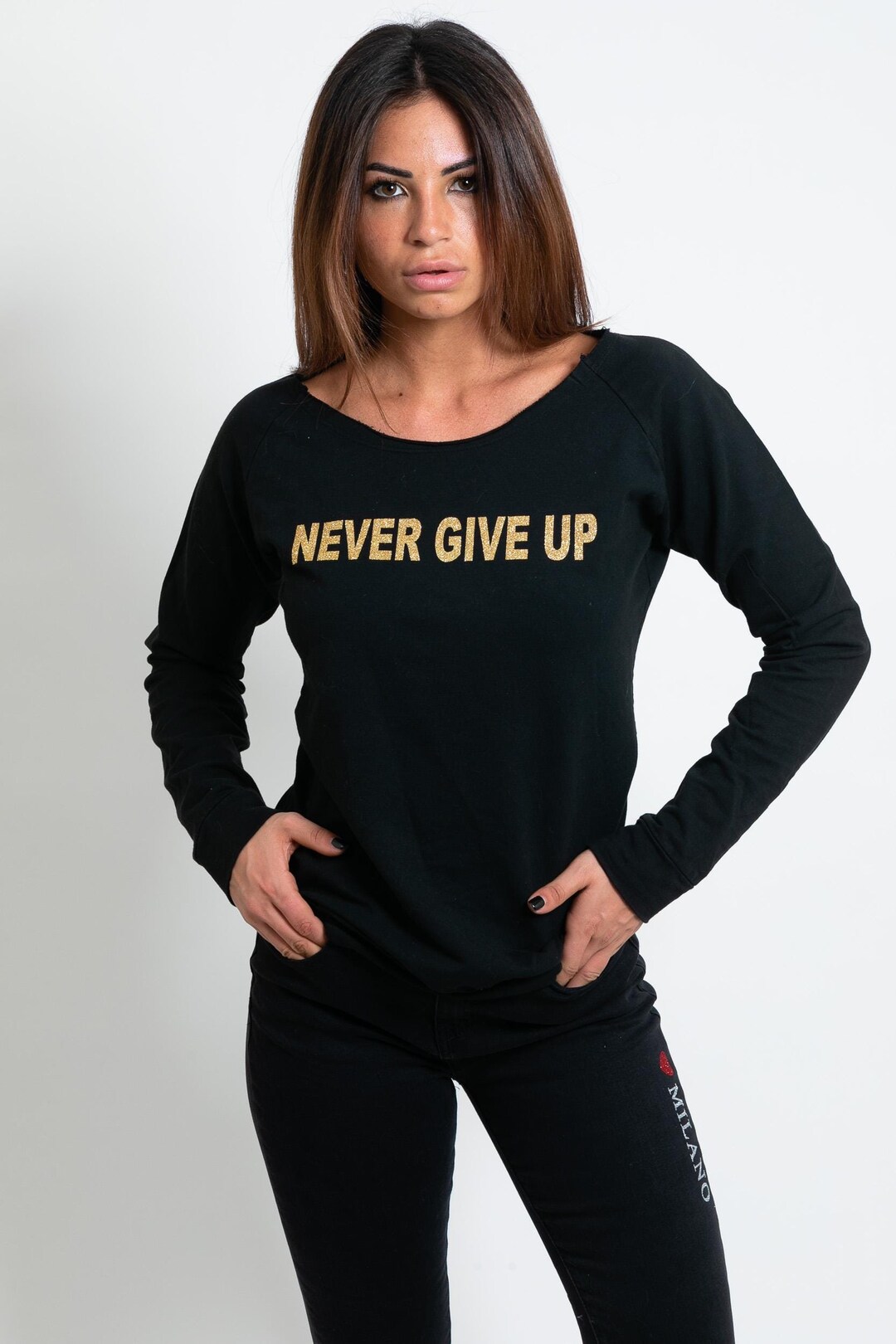 Embroidered Sweatshirt With Boat Neckline, Lurex Effect Applications and Jewel Details Glamorous ...