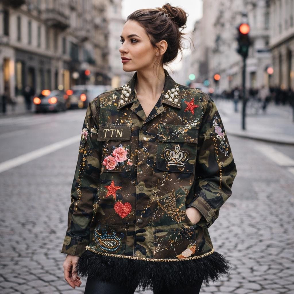 Upcycled Camo Jacket With Ostrich Feathers, Military Jacket, Camo ...