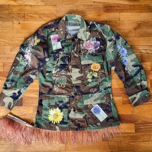 Upcycled Camo Jacket With Ostrich Feathers, Military Jacket, Camo ...