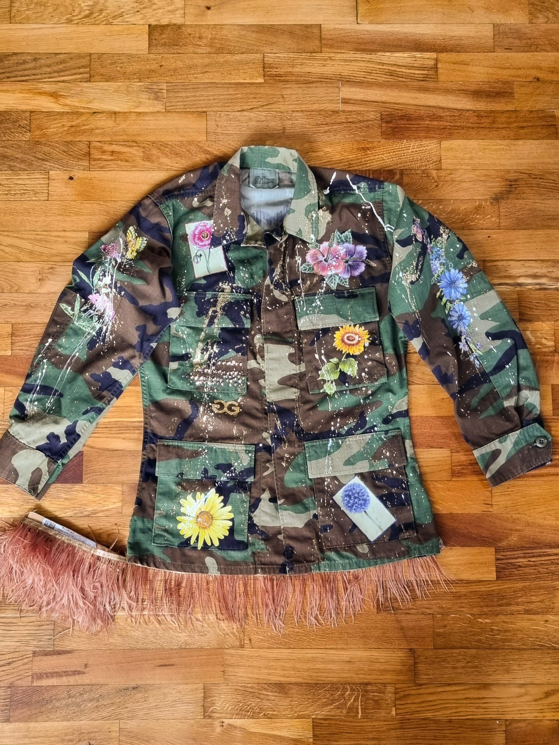 Upcycled Camo Jacket With Ostrich Feathers, Military Jacket, Camo ...