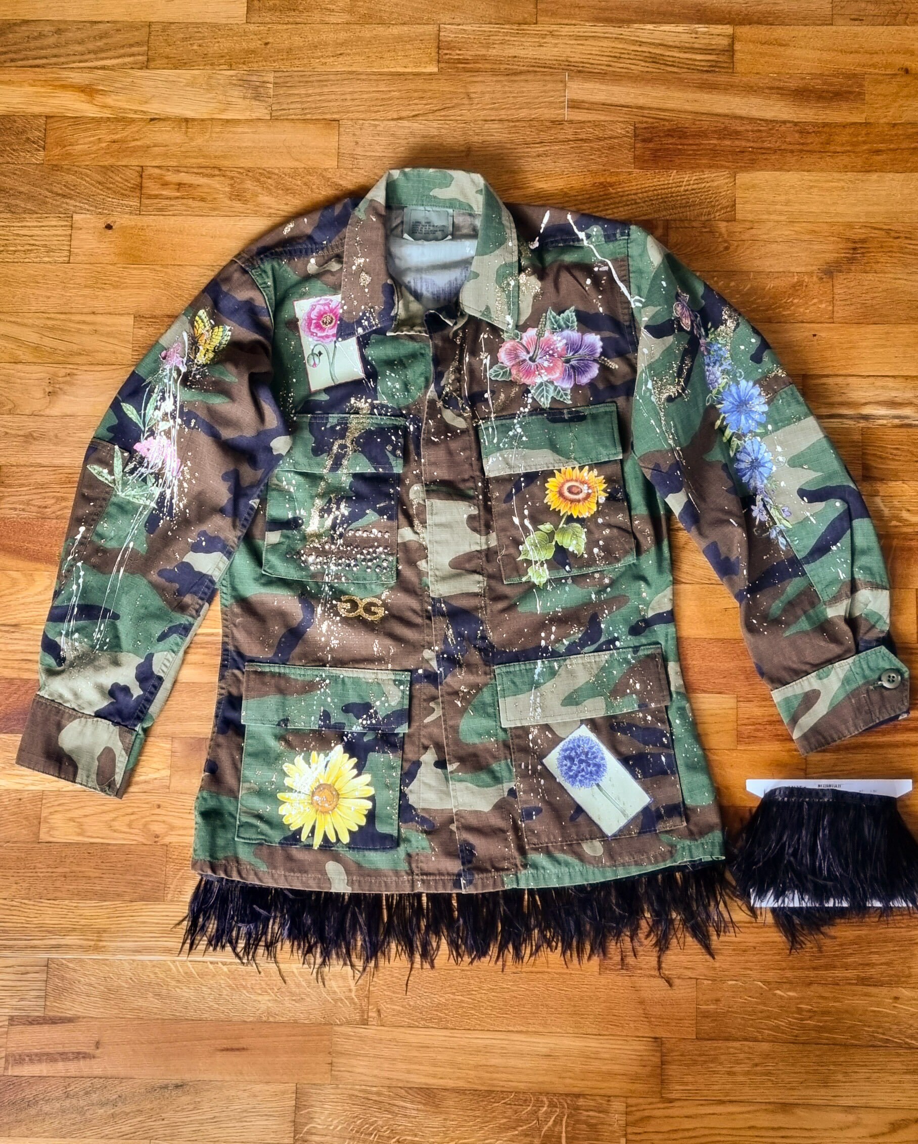 Upcycled Camo Jacket With Ostrich Feathers, Military Jacket, Camo ...