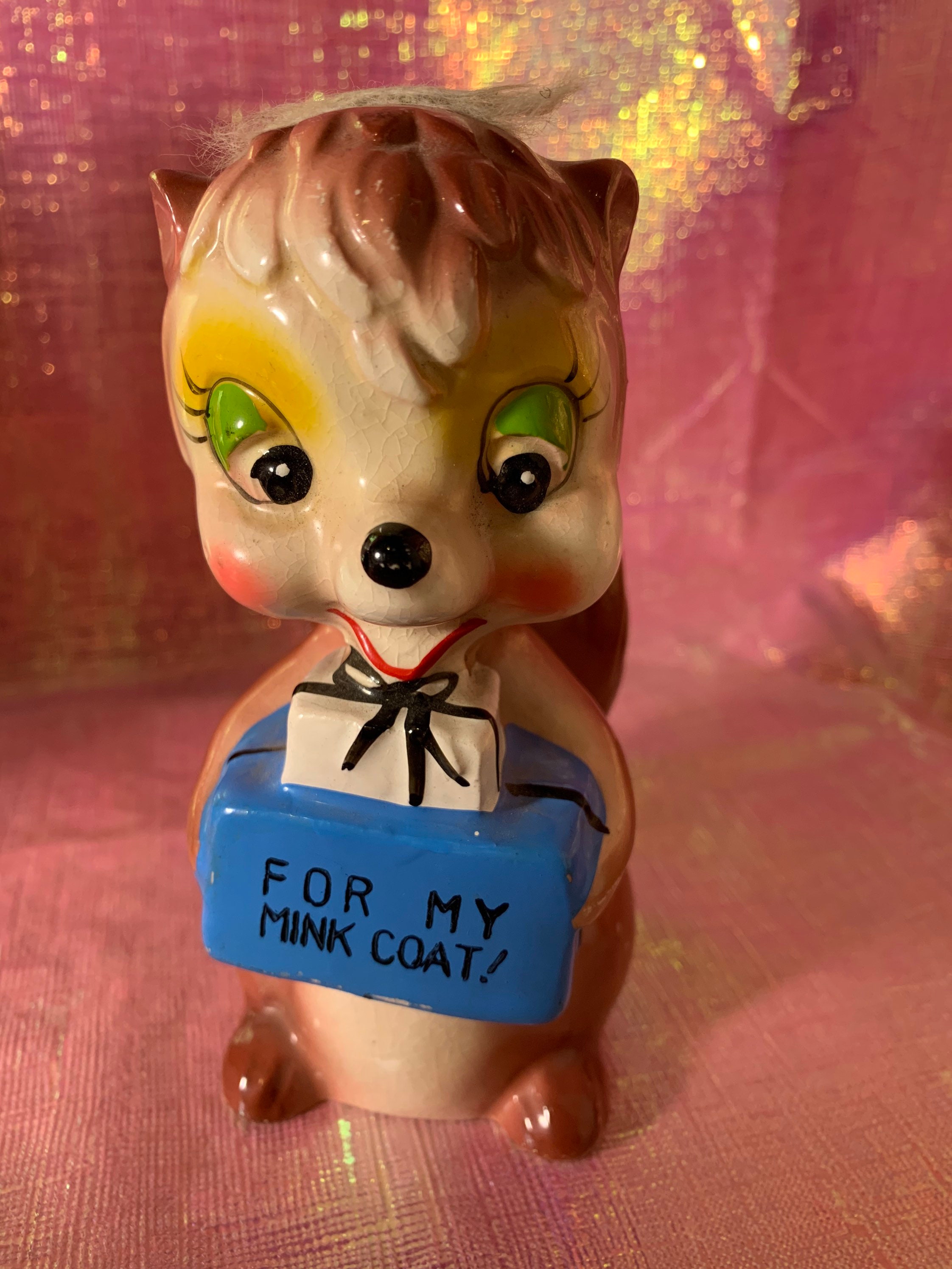 Vintage for my mink coat fuzzy head squirrel piggy bank