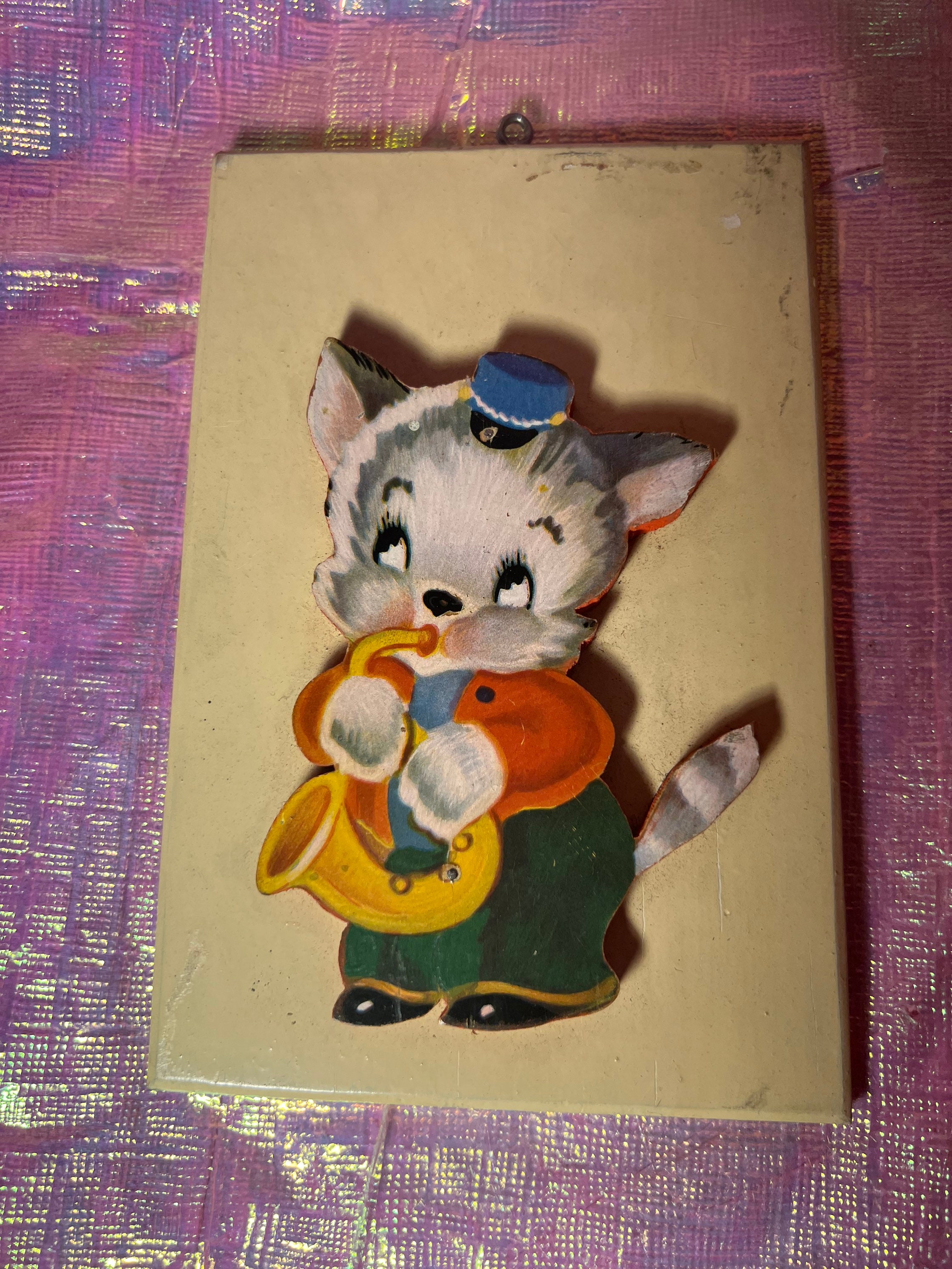 Vintage Wood Kitsch Cat Wall Plaque vintage-wood-kitsch-cat-wall-plaque
