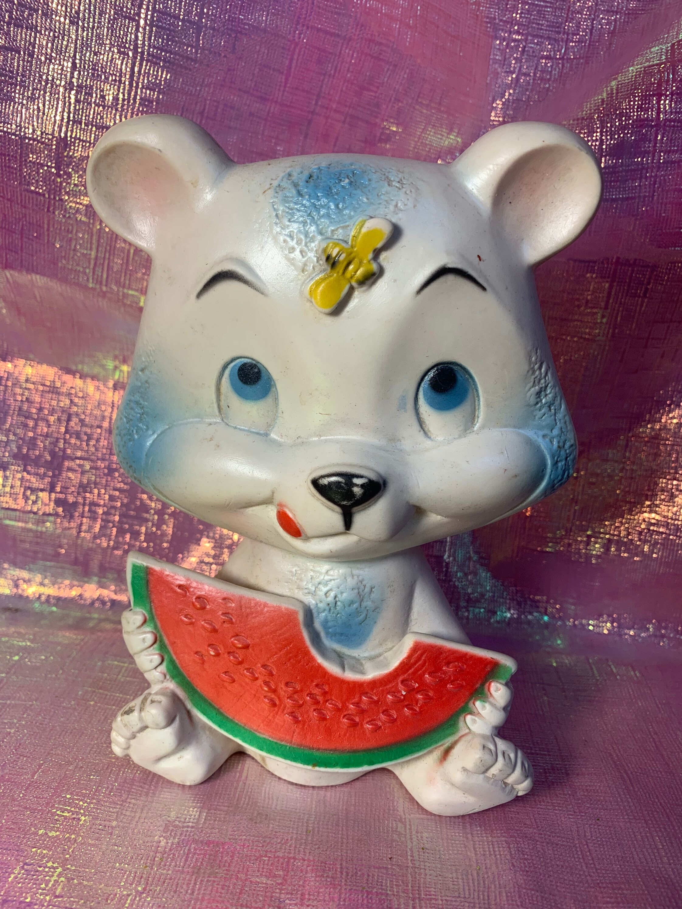 Vintage Alan Jay rubber squeak toy bear with watermelon