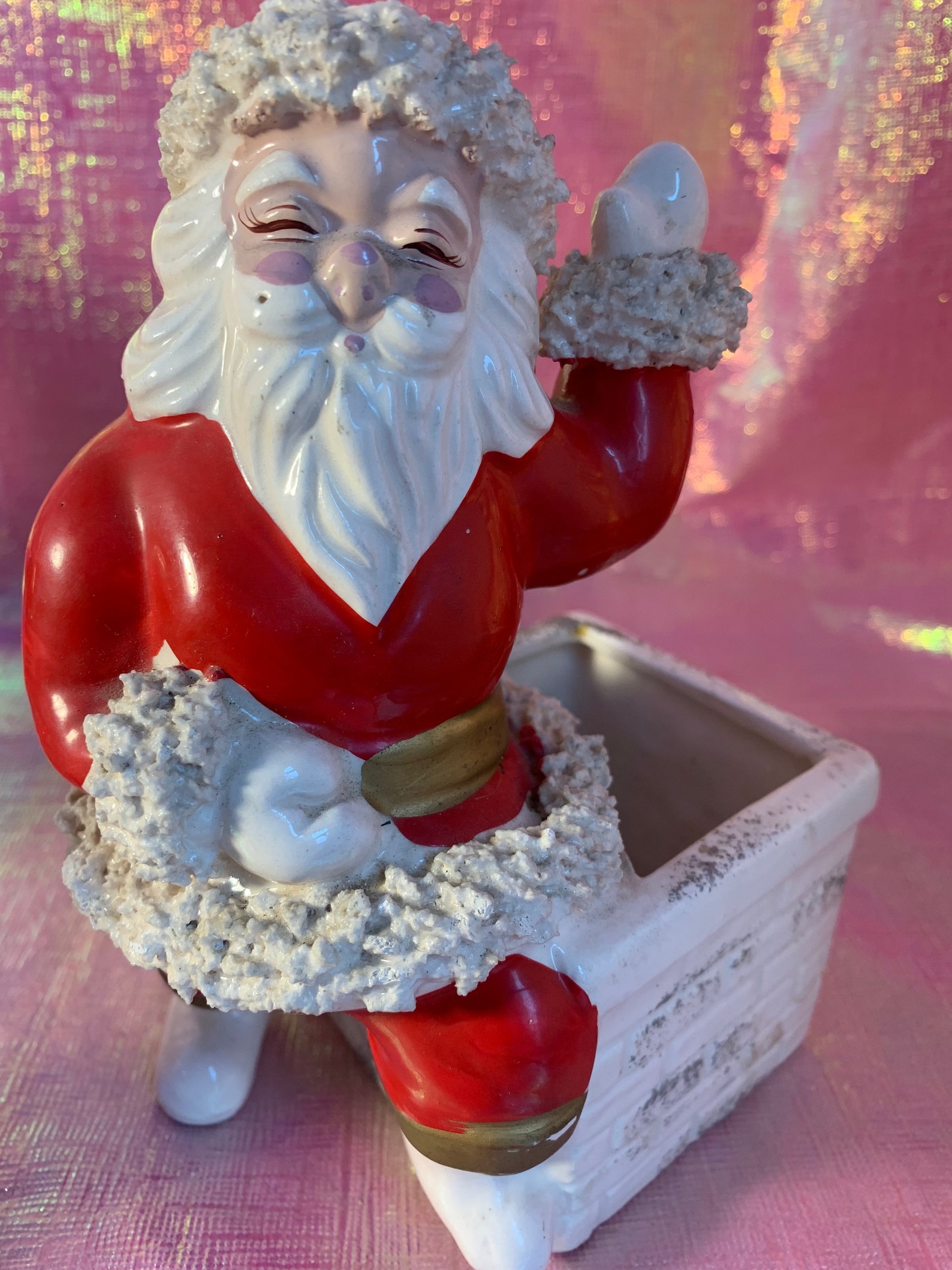 Vintage spaghetti Santa Claus on chimney planter | Etsy