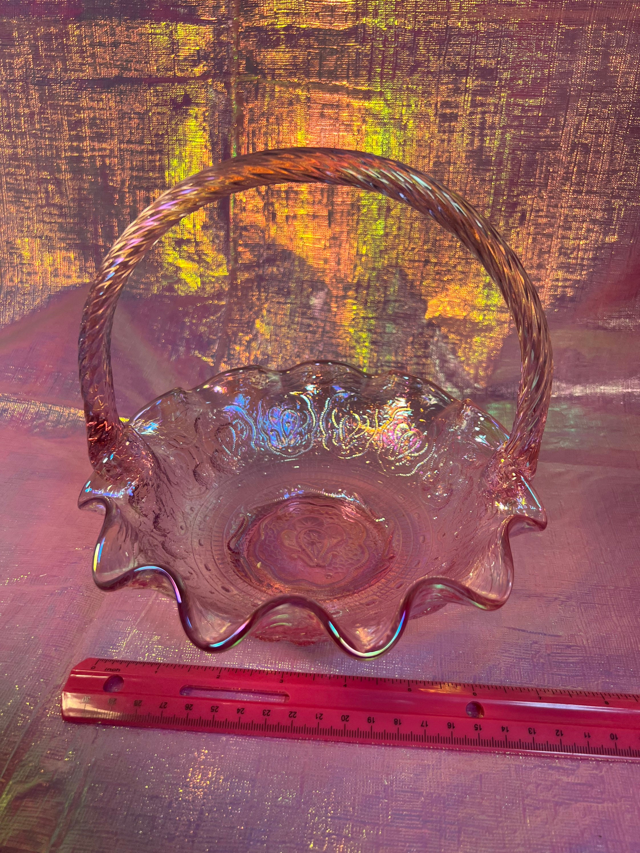 Fenton Pink Iridescent Glass Basket - Etsy