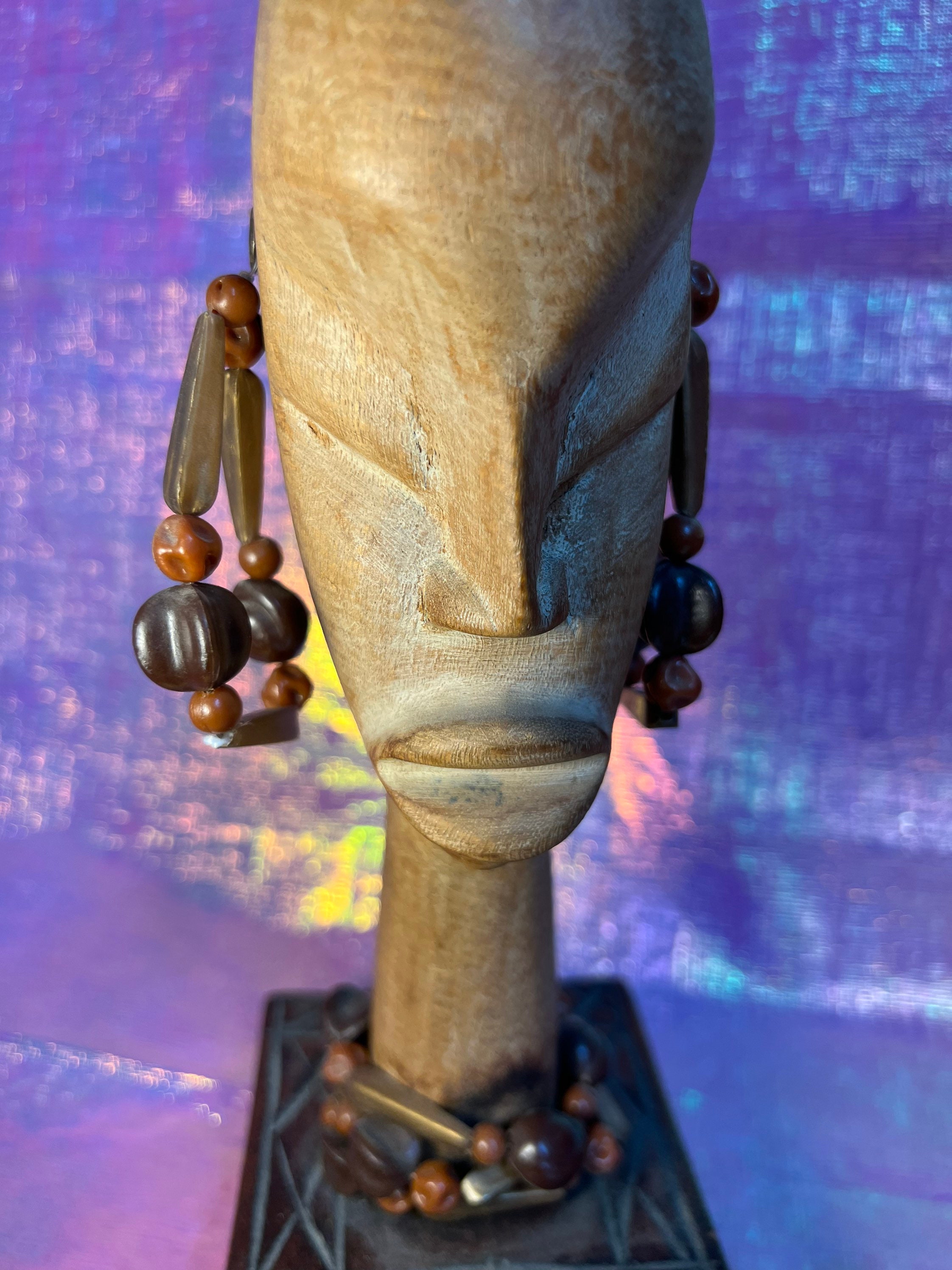 Vintage Wood Carved African Head Bust Statue