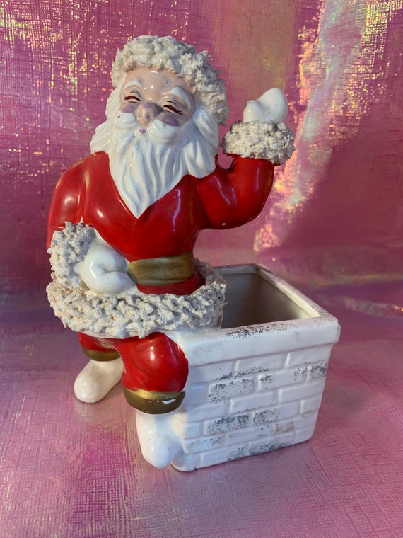 Vintage spaghetti Santa Claus on chimney planter | Etsy