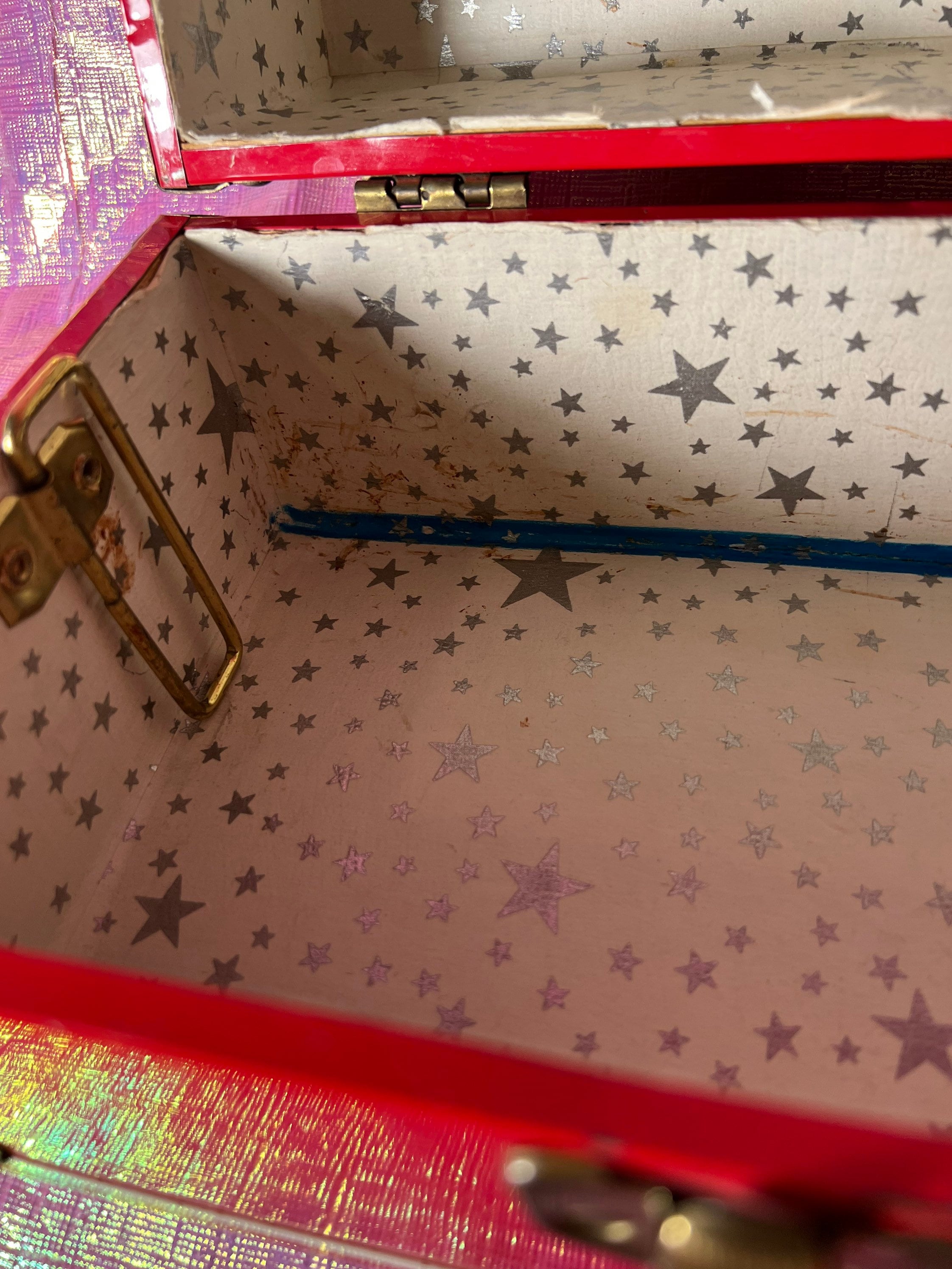 Vintage 1950’s Red Metal Doll Trunk Case with Star Lining