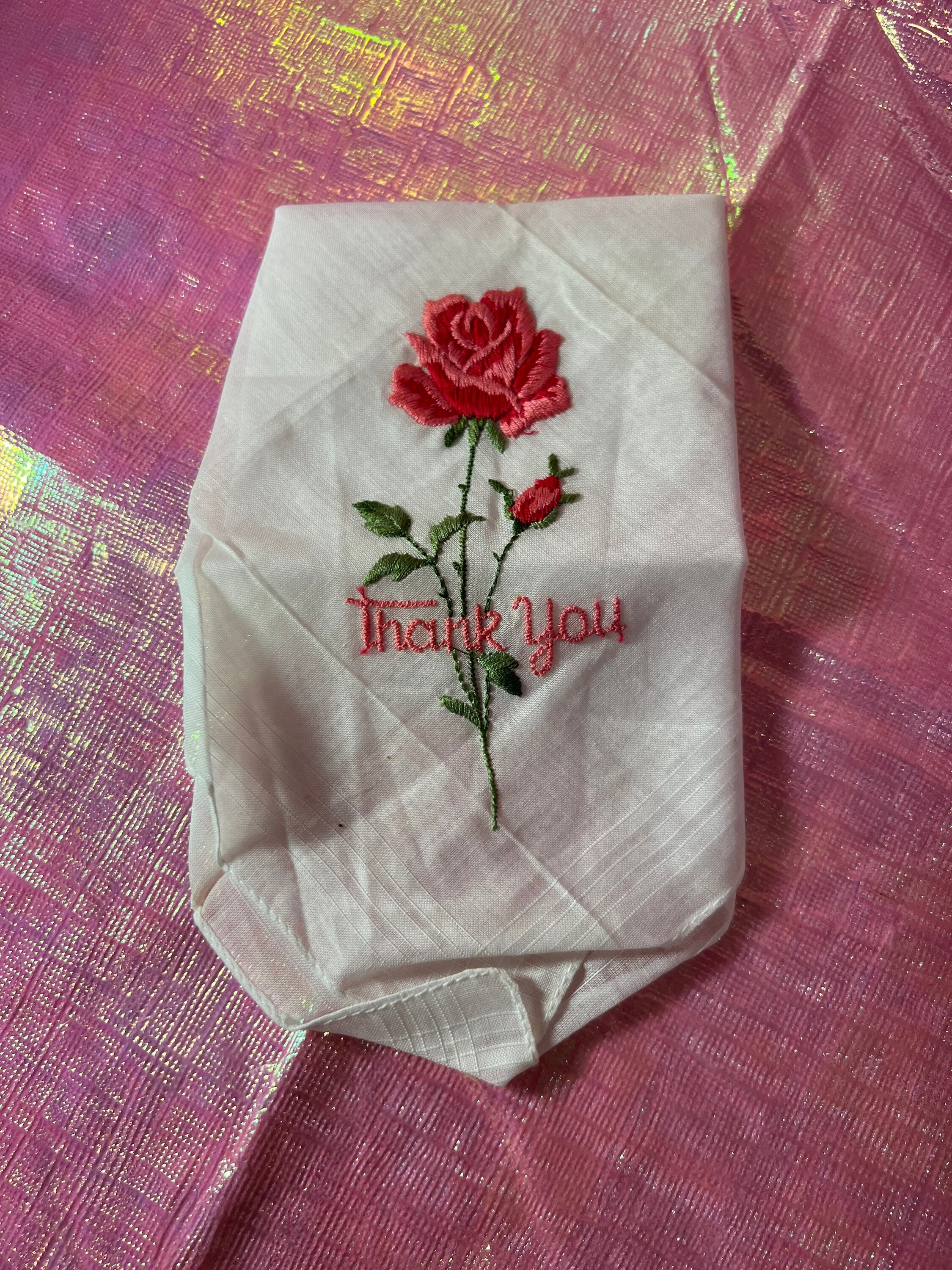 Vintage Thank You Embroidered Rose Handkerchief