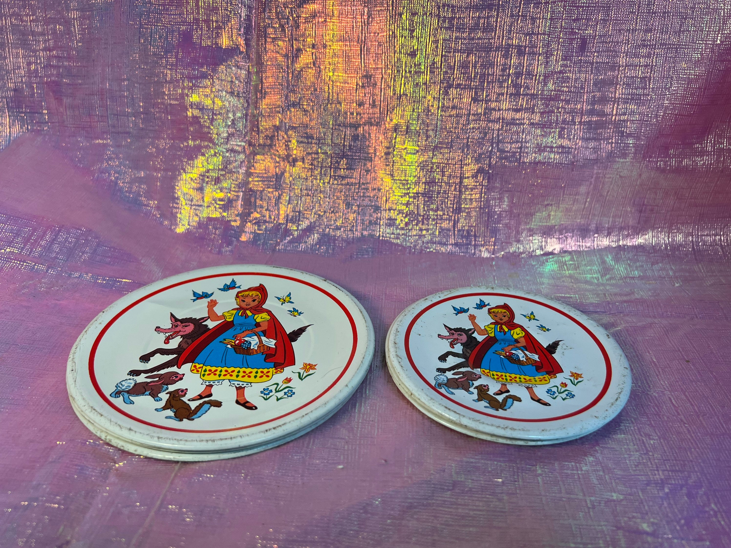 Set of Vintage Little Red Riding Hood Tin Toy Dishes
