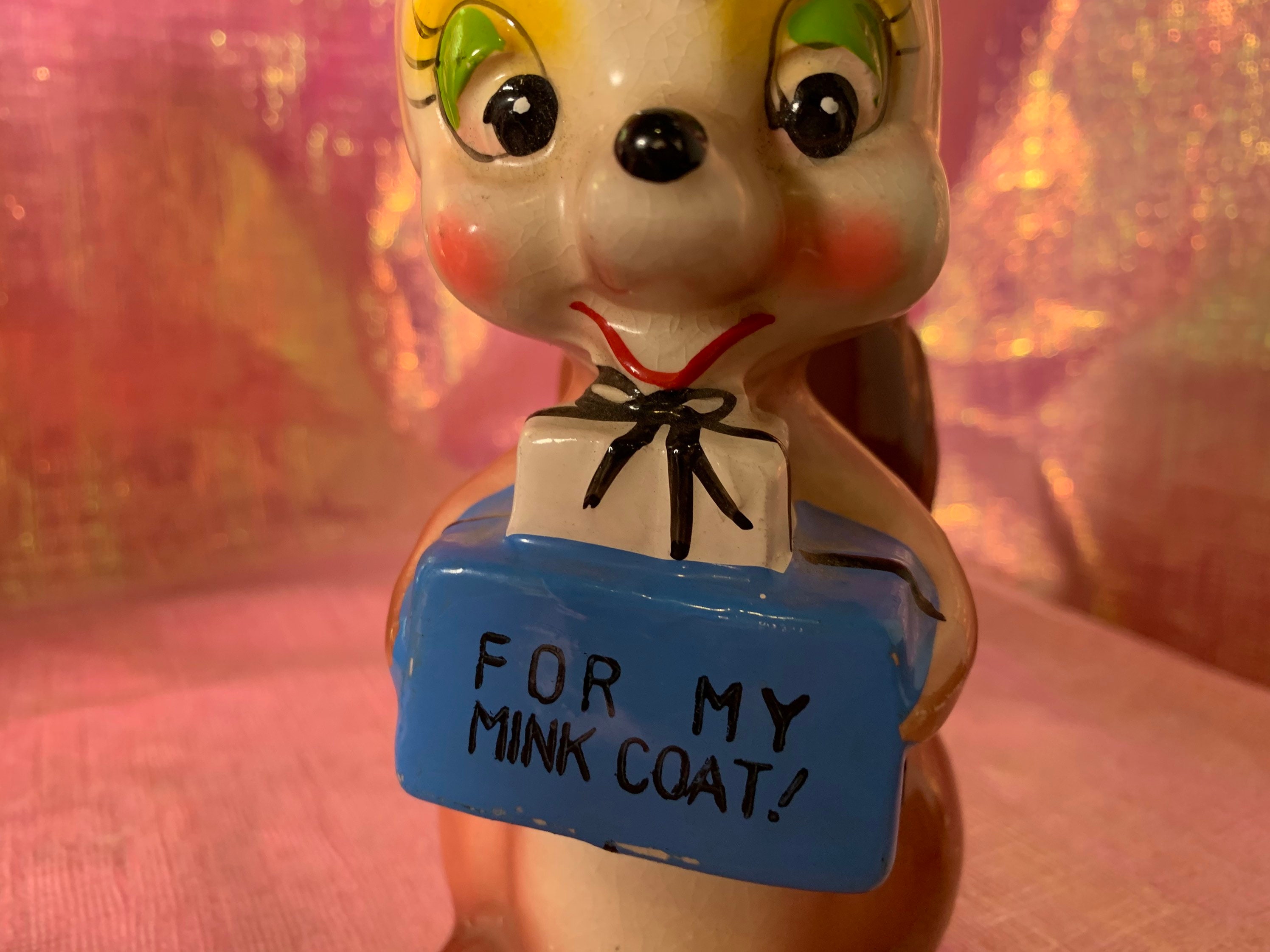 Vintage for my mink coat fuzzy head squirrel piggy bank