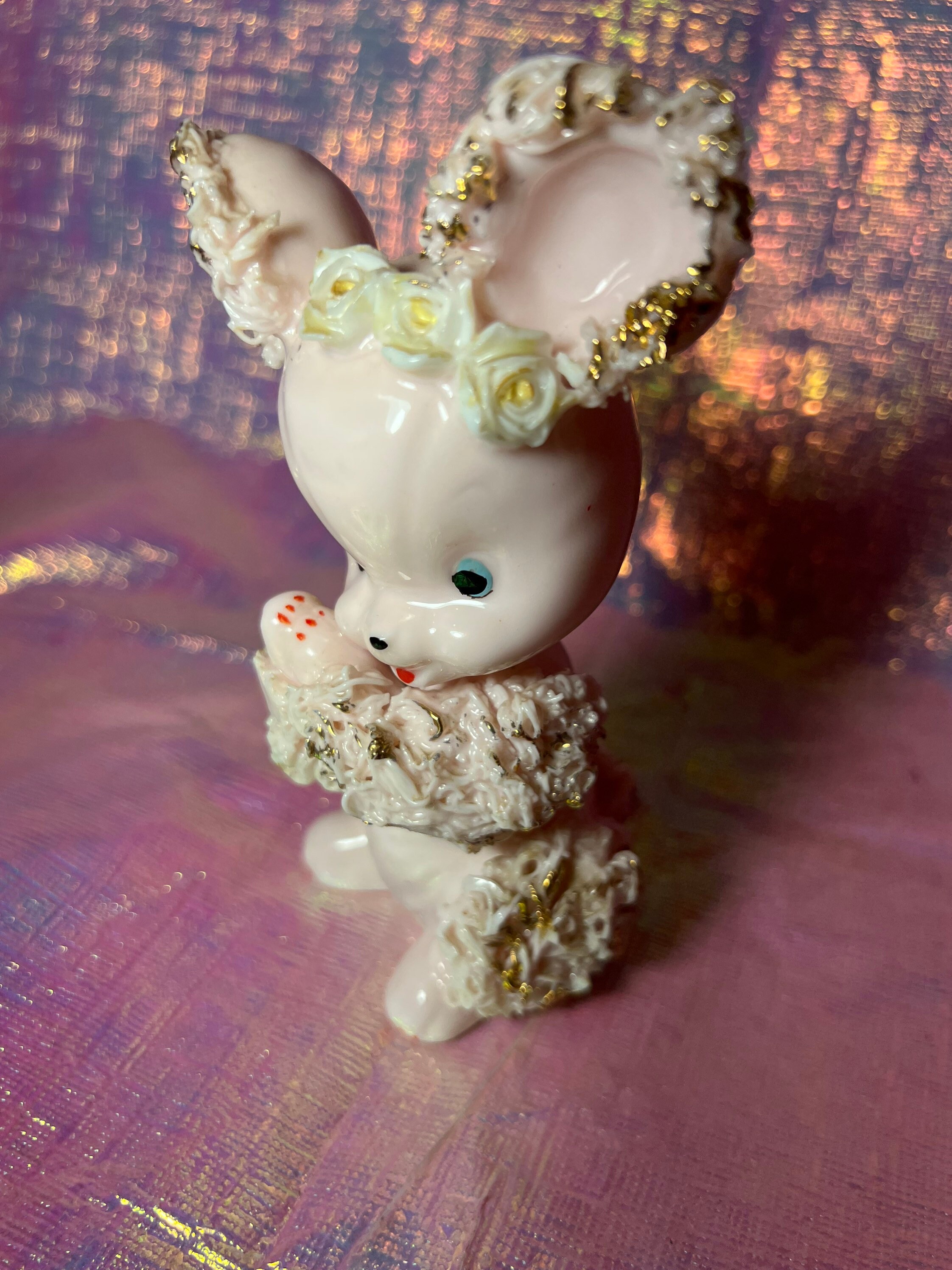 Vintage Pink Spaghetti Mouse Figurine