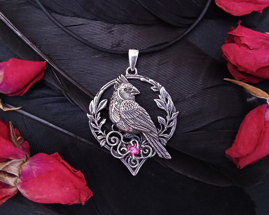 Northern Cardinal Silver Pendant With Ruby Gemstone. Oxidized 925 ...