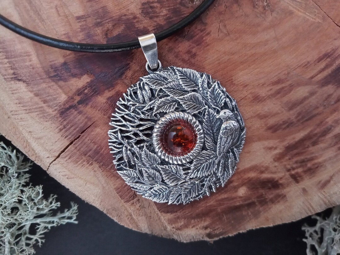 Birch Leaf and Twig Sterling Silver Druid Pendant. Circle Shaped Birch ...