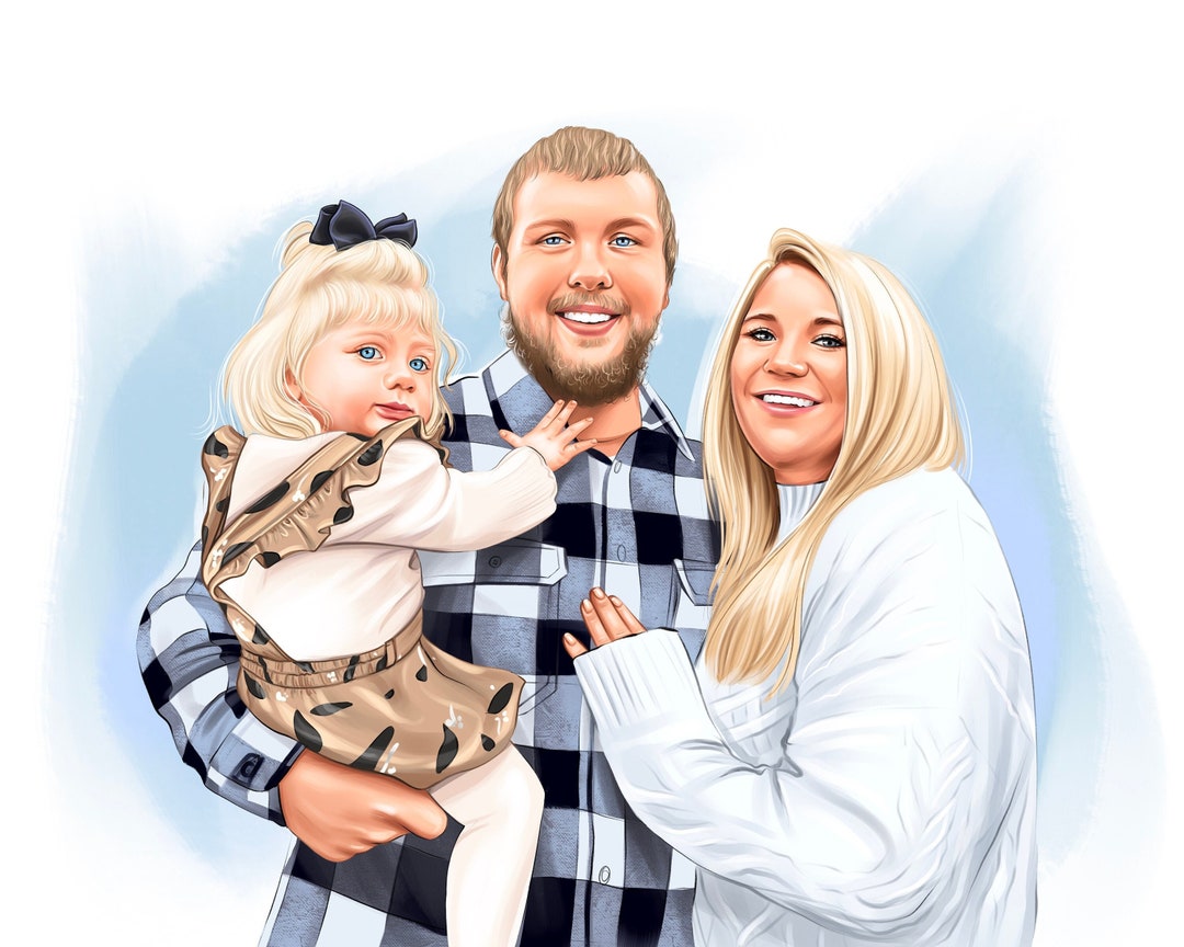 Family Portrait of 3 Persons, Digital Custom Illustration, Realistic ...