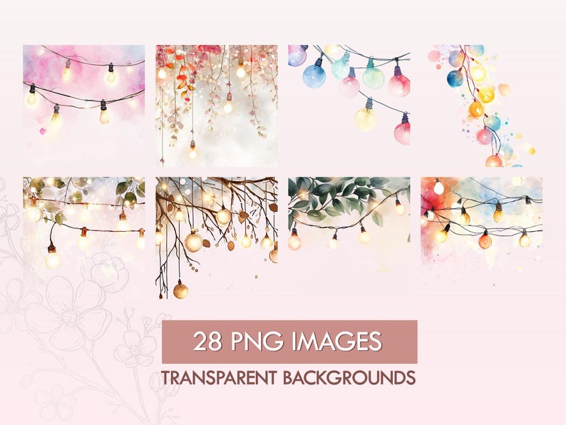 28 Watercolor String Lights Clip Art -- DIY Wedding Invitation Artwork ...