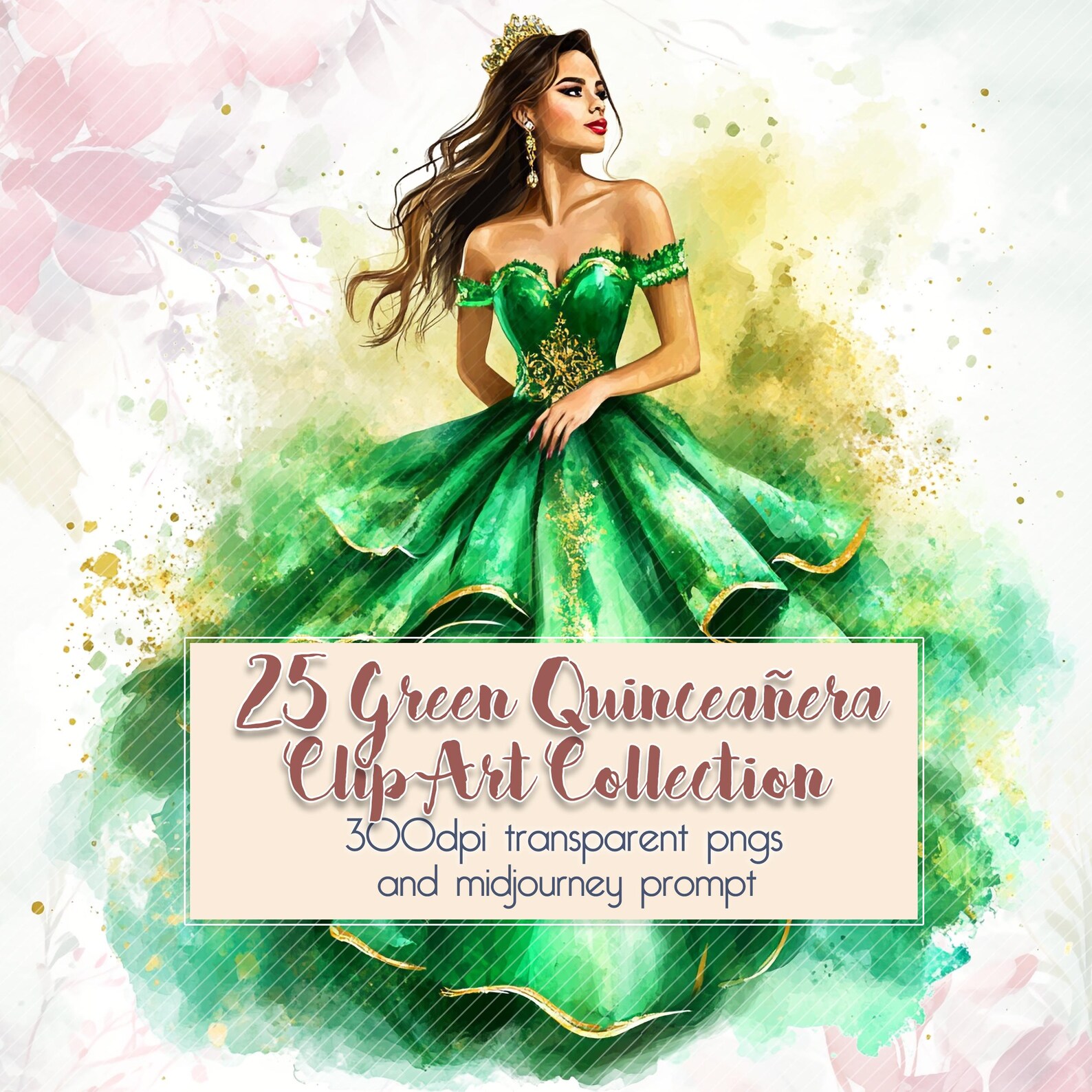 25 Green & Gold Quinceañera Clip Art + Midjourney Prompt -- Elegant Mis ...