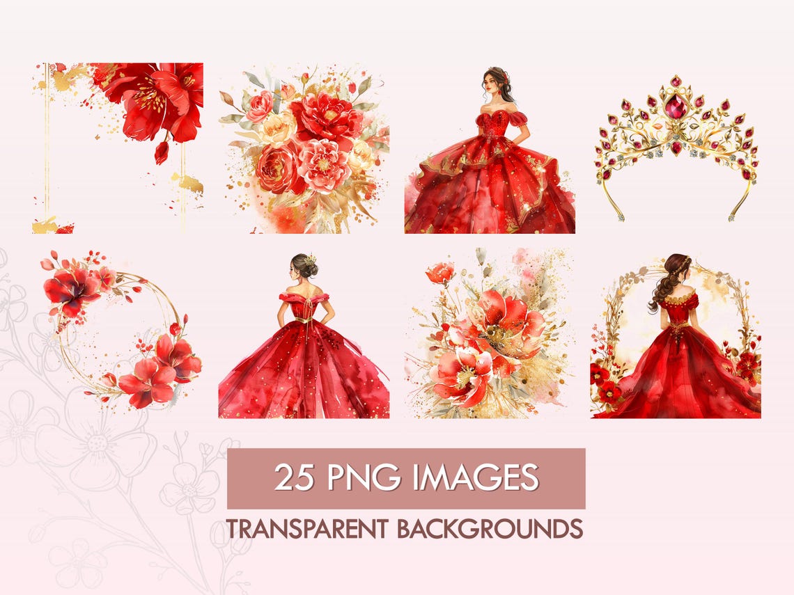 25 Red and Gold Quinceañera Clip Art -- Elegant Mis Quince Años Images ...