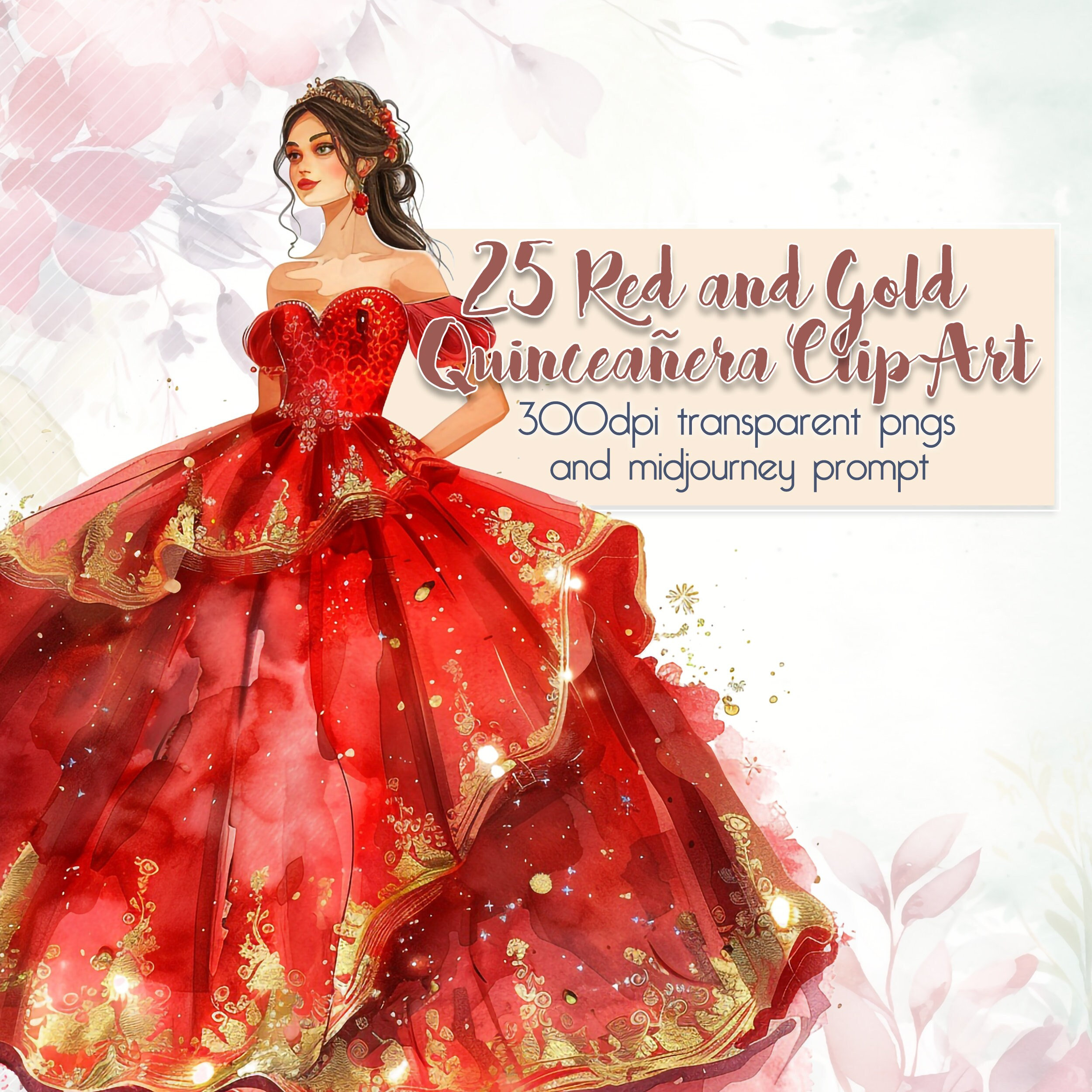 25 Red and Gold Quinceañera Clip Art + Midjourney Prompt -- Elegant Mis ...
