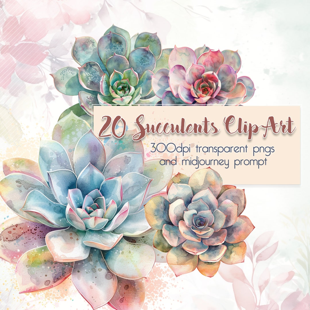 20 Watercolor Succulents + Midjourney Prompt -- Floral Clip Art / Boho ...
