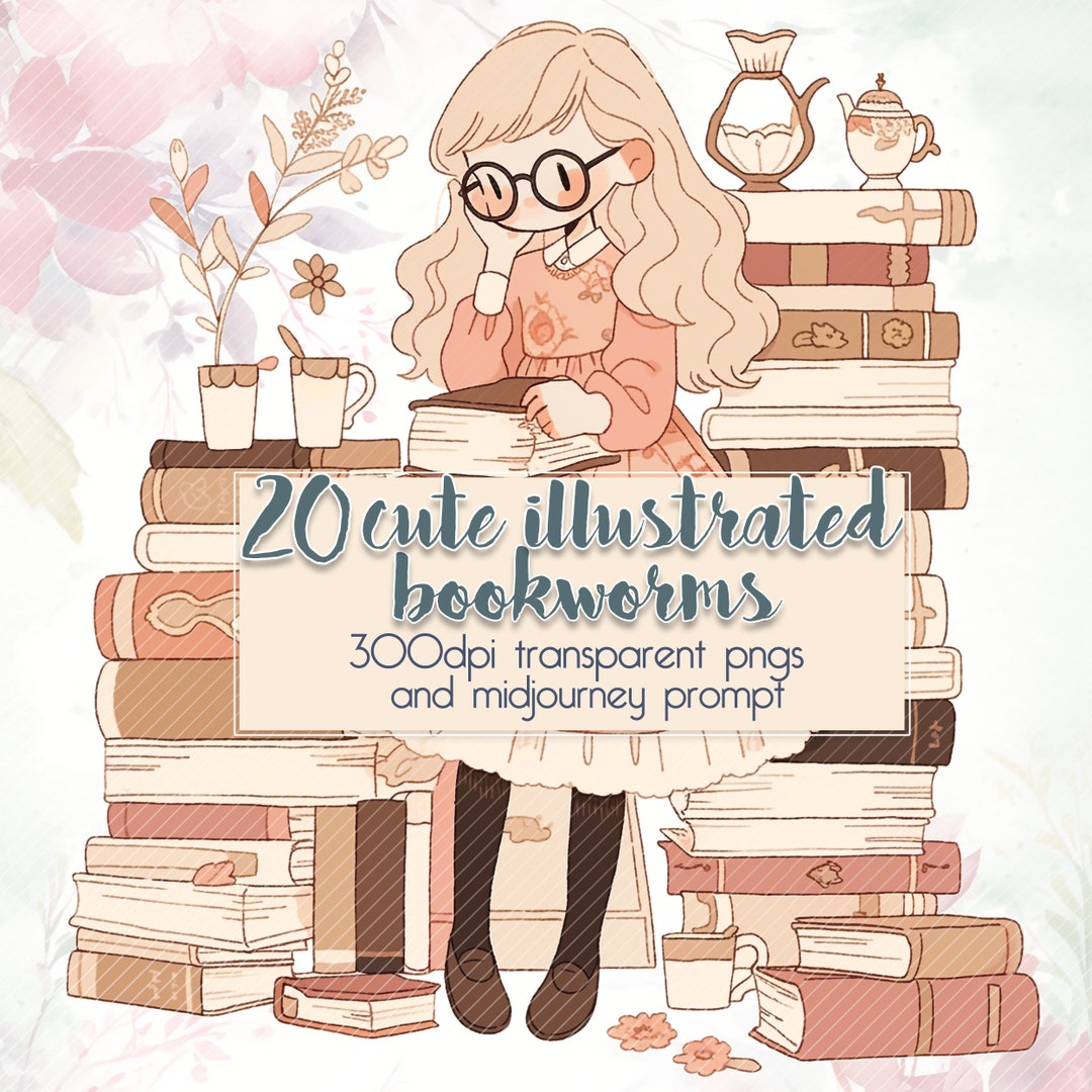 20 Cute Illustrated Bookworms + Midjourney Prompt -- Nerdy Clip Art ...