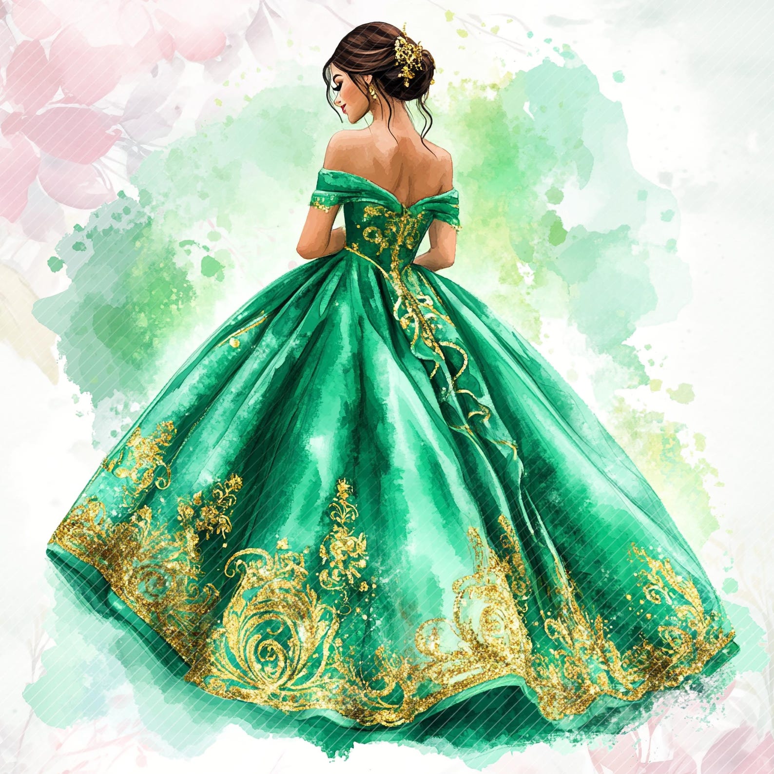 25 Green & Gold Quinceañera Clip Art + Midjourney Prompt -- Elegant Mis ...