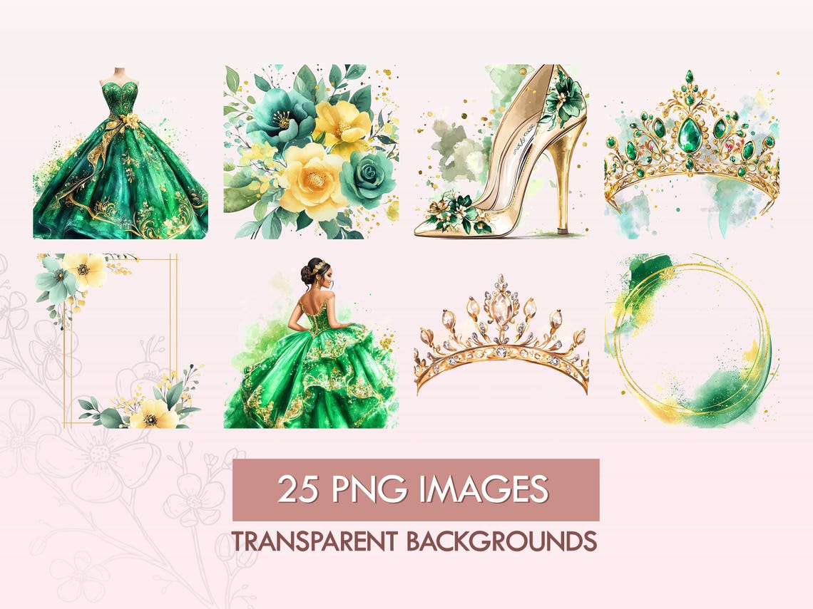 25 Green & Gold Quinceañera Clip Art -- Elegant Mis Quince Años Images ...