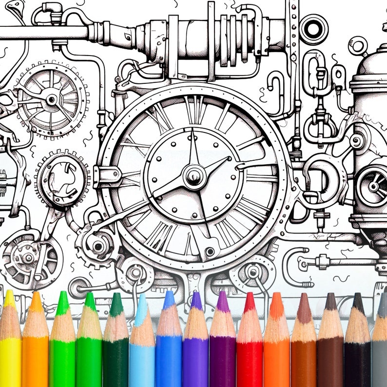 21 Steampunk Coloring Pages -- Adult Coloring Book / Black and White ...