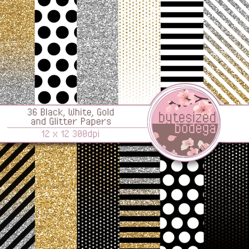 36 Black, White, Gold and Glitter Digital Papers -- Junk Journal ...