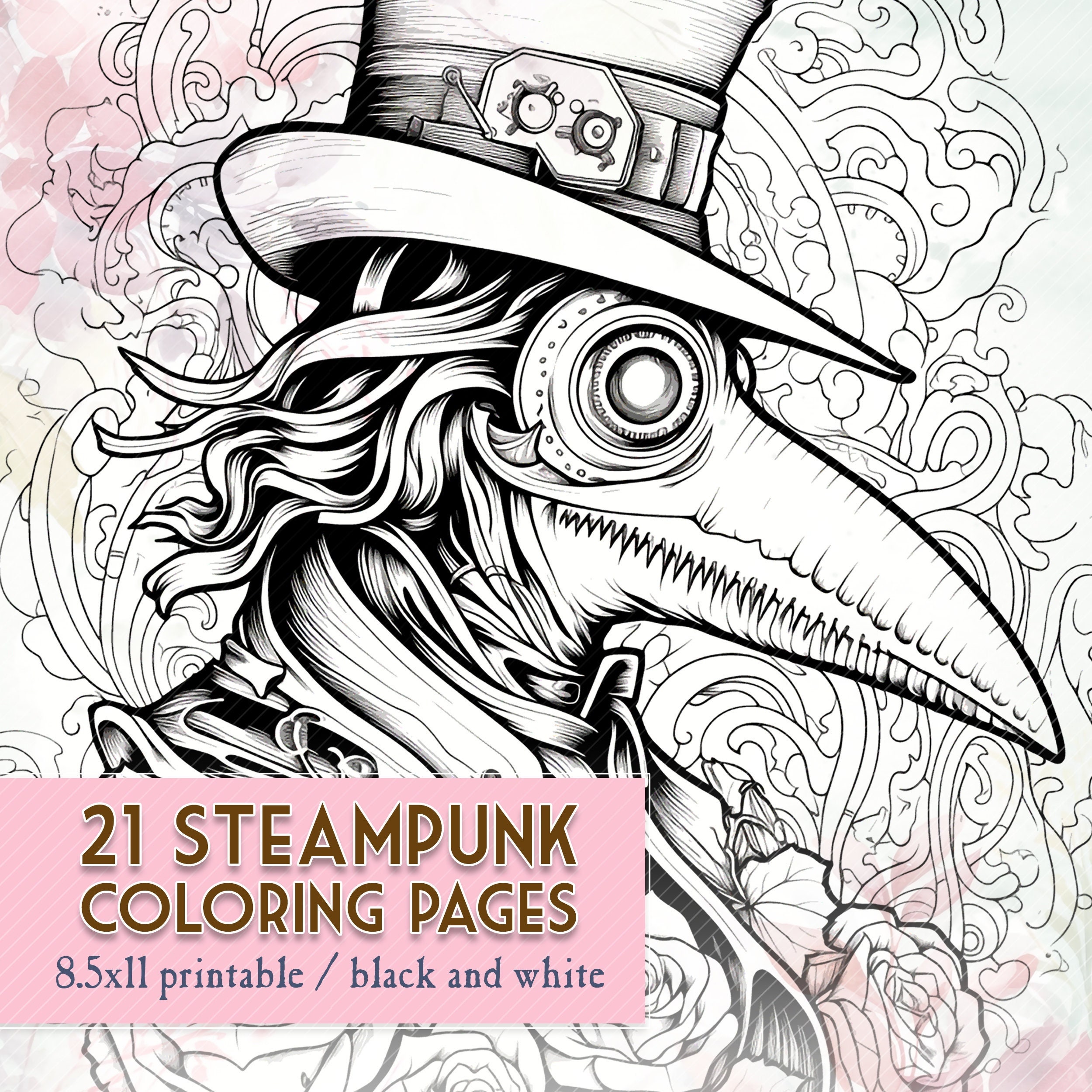 21 Steampunk Coloring Pages -- Adult Coloring Book / Black and White ...