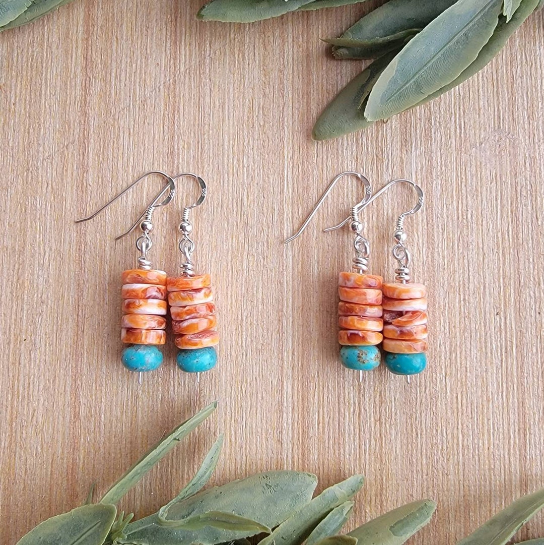 Orange Spiny Oyster Shell, Genuine Turquoise on Sterling Silver Earwire ...