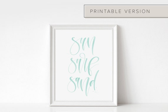 3 Colors Printable Handwritten Sun Surf Sand Artwork // Shore | Etsy
