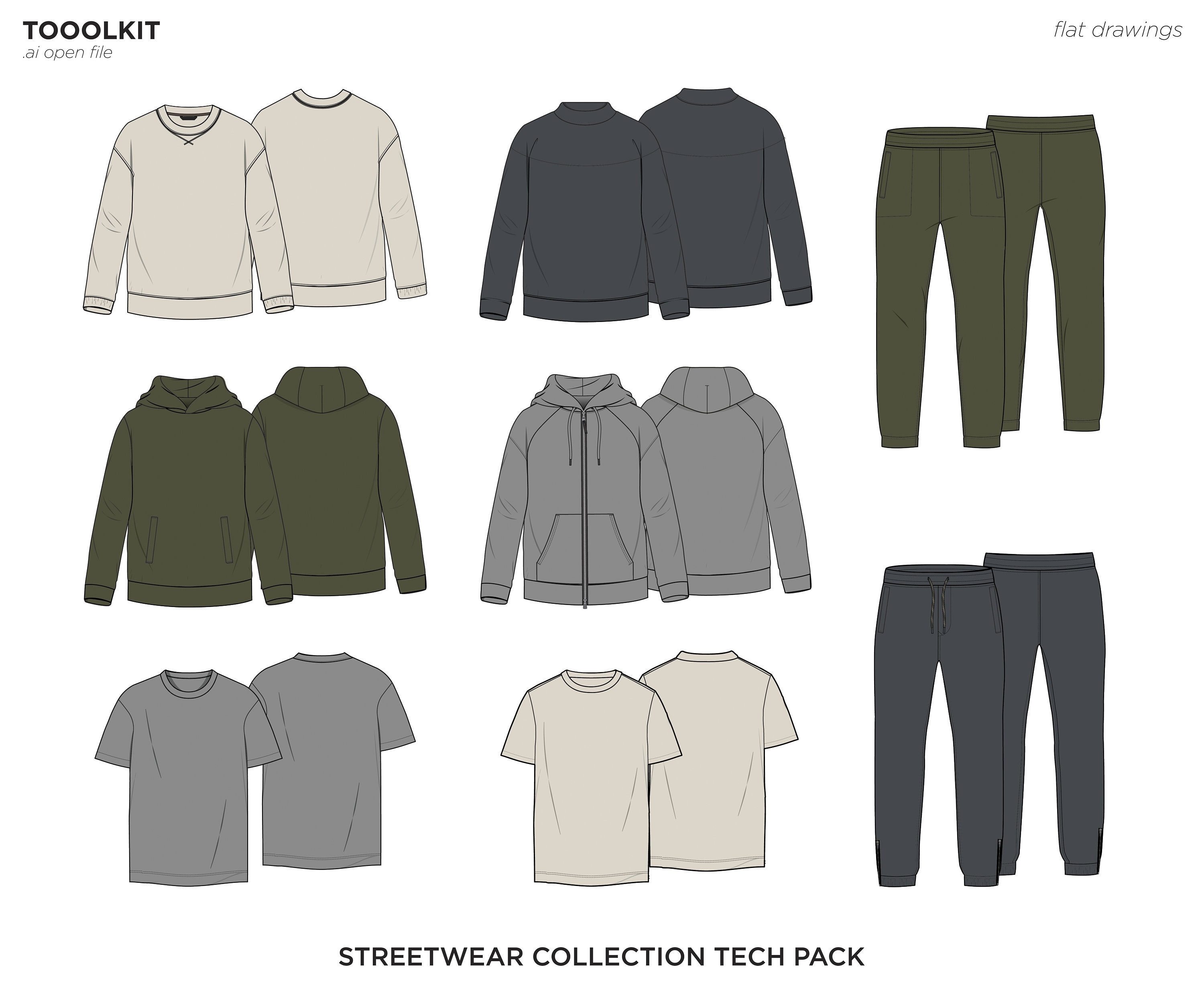 Streetwear Vector Mockup Pack Template Fashion Illustrator Tech Pack ...